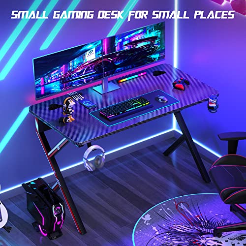 Mr IRONSTONE Gaming Desk 45 Inch with Power Outlets, Computer Desk Gaming Table Carbon Fiber Surface PC Gamer Workstation Laptop Study Table, Home Office Desks with Cup Holder, Headphone Hook, Black