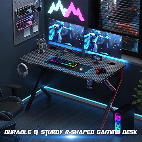 Mr IRONSTONE Gaming Desk 45 Inch with Power Outlets, Computer Desk Gaming Table Carbon Fiber Surface PC Gamer Workstation Laptop Study Table, Home Office Desks with Cup Holder, Headphone Hook, Black