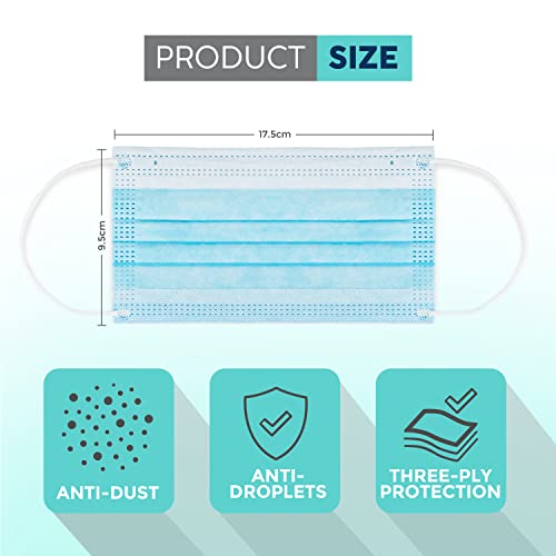 Disposable Face Masks/ 3Ply Safety Face Masks- 50PCS - 3 Layers Blue Protective Face Mask For Daily Use, Breathable Facemasks, Anti-Dust Disposable Mask with Earloop for Personal Care