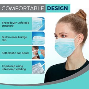 Disposable Face Masks/ 3Ply Safety Face Masks- 50PCS - 3 Layers Blue Protective Face Mask For Daily Use, Breathable Facemasks, Anti-Dust Disposable Mask with Earloop for Personal Care