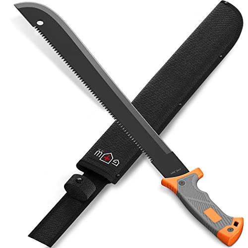 18.5-Inch Serrated Blade Machete with Nylon Sheath - Saw Blade Machetes with Non-Slip Rubber Handle - Best Brush Clearing Tool Machete for Cutting Trees and Yard Work - Survival E-Book Included 13153