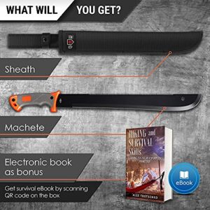 18.5-Inch Serrated Blade Machete with Nylon Sheath - Saw Blade Machetes with Non-Slip Rubber Handle - Best Brush Clearing Tool Machete for Cutting Trees and Yard Work - Survival E-Book Included 13153