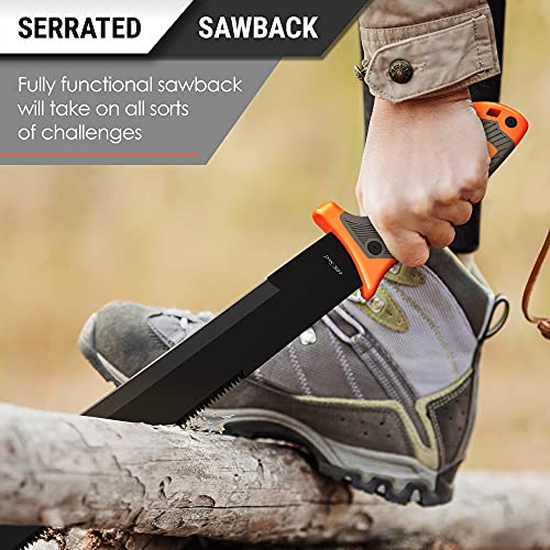 18.5-Inch Serrated Blade Machete with Nylon Sheath - Saw Blade Machetes with Non-Slip Rubber Handle - Best Brush Clearing Tool Machete for Cutting Trees and Yard Work - Survival E-Book Included 13153