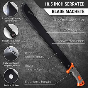 18.5-Inch Serrated Blade Machete with Nylon Sheath - Saw Blade Machetes with Non-Slip Rubber Handle - Best Brush Clearing Tool Machete for Cutting Trees and Yard Work - Survival E-Book Included 13153