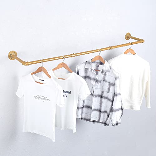 JIANZHUO Industrial Pipe Clothes Rack Wall Mounted,Vintage Retail Wall Mount Pipe Clothing Rack,Metal Commercial Garment Rack for Hanging Clothes,Laundry Room Display Rack Cloths Rack(Gold,59in)