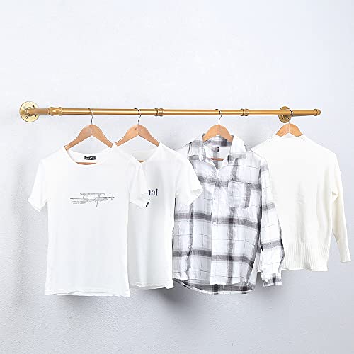 JIANZHUO Industrial Pipe Clothes Rack Wall Mounted,Vintage Retail Wall Mount Pipe Clothing Rack,Metal Commercial Garment Rack for Hanging Clothes,Laundry Room Display Rack Cloths Rack(Gold,59in)