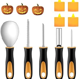 Yixiang Halloween Pumpkin Carving Kit, 5 Pieces Heavy Duty Professional Stainless Steel Carving Tools Set for Halloween Decorations, Included 4 LED Candles