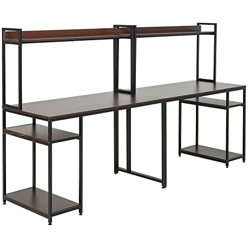 HOMCOM 94.5in Industrial Double Computer Desk with Hutch and Storage Shelves, Extra Long Home Office Writing Table 2 Person Workstation, CPU Stand, Brown Wood Grain