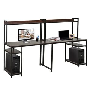 HOMCOM 94.5in Industrial Double Computer Desk with Hutch and Storage Shelves, Extra Long Home Office Writing Table 2 Person Workstation, CPU Stand, Brown Wood Grain