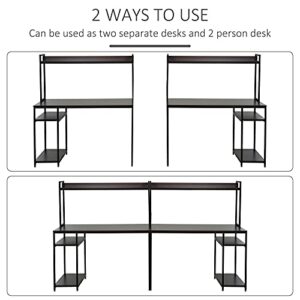 HOMCOM 94.5in Industrial Double Computer Desk with Hutch and Storage Shelves, Extra Long Home Office Writing Table 2 Person Workstation, CPU Stand, Brown Wood Grain