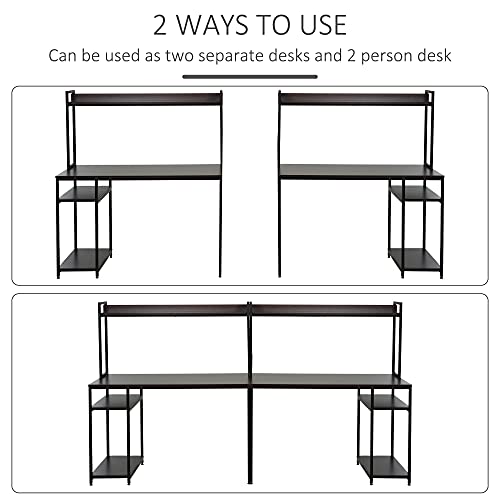 HOMCOM 94.5in Industrial Double Computer Desk with Hutch and Storage Shelves, Extra Long Home Office Writing Table 2 Person Workstation, CPU Stand, Brown Wood Grain