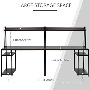 HOMCOM 94.5in Industrial Double Computer Desk with Hutch and Storage Shelves, Extra Long Home Office Writing Table 2 Person Workstation, CPU Stand, Brown Wood Grain