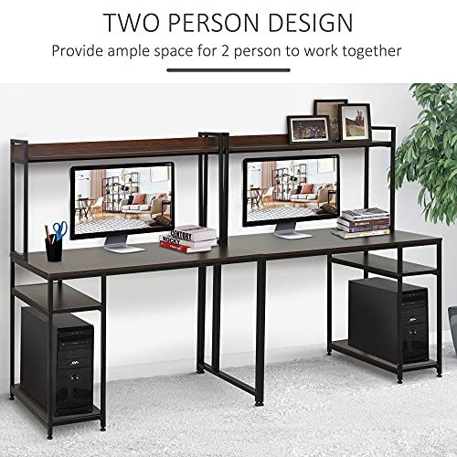 HOMCOM 94.5in Industrial Double Computer Desk with Hutch and Storage Shelves, Extra Long Home Office Writing Table 2 Person Workstation, CPU Stand, Brown Wood Grain