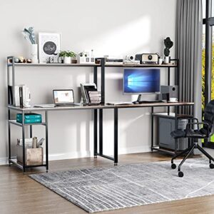 HOMCOM 94.5in Industrial Double Computer Desk with Hutch and Storage Shelves, Extra Long Home Office Writing Table 2 Person Workstation, CPU Stand, Brown Wood Grain