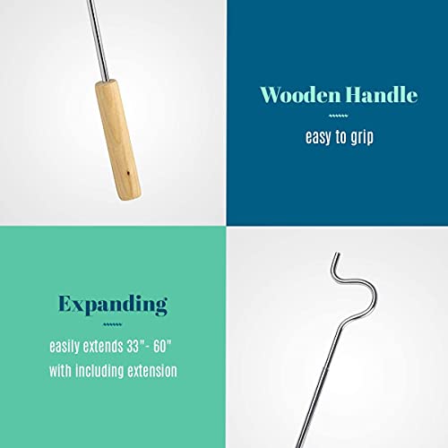 Closet Reacher Pole with Hook and Wooden Handle, Heavy Duty - Adjustable 2.75 – 5 Feet, Chrome Plated Steel Clothing Hanger Shepherds Hook to Easily Reach Clothes etc. - Perfect for College Dorm