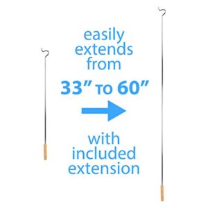 Closet Reacher Pole with Hook and Wooden Handle, Heavy Duty - Adjustable 2.75 – 5 Feet, Chrome Plated Steel Clothing Hanger Shepherds Hook to Easily Reach Clothes etc. - Perfect for College Dorm