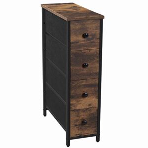 songmics narrow dresser, vertical storage unit with 4 fabric drawers, for small spaces and gaps, metal frame, slim storage tower, for living room, laundry, closet, rustic brown and black ulgs041b01