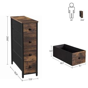 SONGMICS Narrow Dresser, Vertical Storage Unit with 4 Fabric Drawers, for Small Spaces and Gaps, Metal Frame, Slim Storage Tower, for Living Room, Laundry, Closet, Rustic Brown and Black ULGS041B01