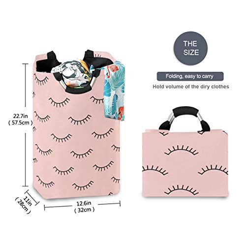 ALAZA Cute Pink Eyelashes Large Laundry Basket, Collapsible Oxford Fabric Laundry Hamper, Foldable Clothes Tote Bag, Bin Storage Organizer with Handles