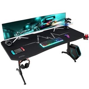 Furmax Gaming Desk T-Shaped Pc Computer Table with Carbon Fiber Surface Free Mouse Pad Home Office Desk Gamer Table Pro with Game Handle Rack Headphone Hook and Cup Holder (Black, 63 Inch)