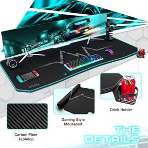 Furmax Gaming Desk T-Shaped Pc Computer Table with Carbon Fiber Surface Free Mouse Pad Home Office Desk Gamer Table Pro with Game Handle Rack Headphone Hook and Cup Holder (Black, 63 Inch)