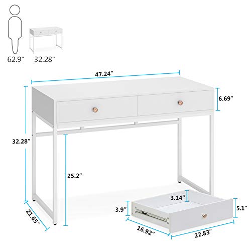 Tribesigns Computer Desk, Modern Simple 47 inch Home Office Desk Study Table Writing Desk with 2 Storage Drawers, Makeup Vanity Console Table White