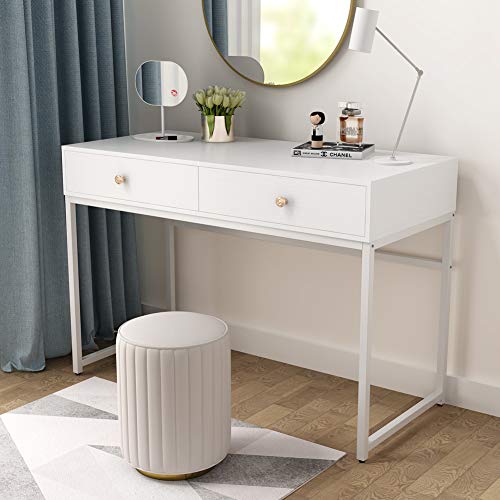 Tribesigns Computer Desk, Modern Simple 47 inch Home Office Desk Study Table Writing Desk with 2 Storage Drawers, Makeup Vanity Console Table White