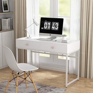 Tribesigns Computer Desk, Modern Simple 47 inch Home Office Desk Study Table Writing Desk with 2 Storage Drawers, Makeup Vanity Console Table White