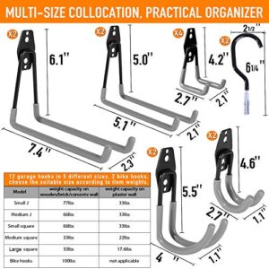 Garage Hooks, 14 Pack Heavy Duty Garage Storage Hooks Wall Mount Utility Hook Steel Double Tool Hangers with Bike Hooks for Hanging and Organizing Ladder Bicycle Stroller, Garden Tools, Bulk Items