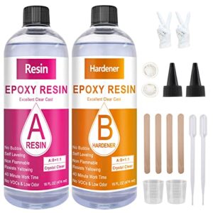 epoxy resin-32oz resin kit, epoxy resin crystal clear-not yellowing and no bubble self leveling easy mix 1:1 casting & coating for diy jewelry making of the art resin & epoxy resin (32oz)