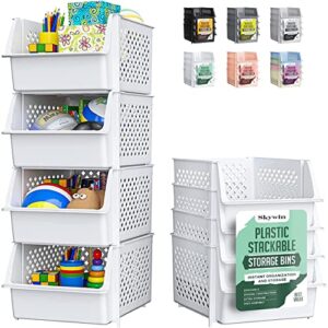 skywin plastic stackable storage bins for pantry - stackable bins for organizing food, kitchen, and bathroom essentials (white)