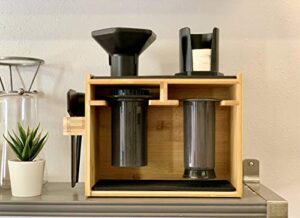 barista lab stand for aeropress® bamboo organizer for wall, counter or in-cabinet storage holds filters, cups and accessories with precision fit silicone dripper mats