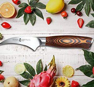 TUO Bird-Beak Paring Knife, Handy Peeling Knife, German X50CrMoV15 Stainless Steel, Full Tang Eye-catching Ergonomic Pakkawood Handle, Razor Sharp Stain Rust Resistant, Fiery Series, 2.5 inch