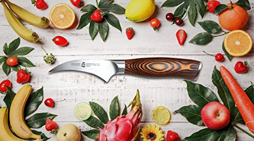 TUO Bird-Beak Paring Knife, Handy Peeling Knife, German X50CrMoV15 Stainless Steel, Full Tang Eye-catching Ergonomic Pakkawood Handle, Razor Sharp Stain Rust Resistant, Fiery Series, 2.5 inch