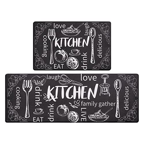 HEBE Anti Fatigue Kitchen Mat Set of 2 Non Slip Thick Cushioned Kitchen Rug Sets with Runner 17"x48"+17"x28" Heavy Duty Comfort Standing Mats Waterproof Kitchen Carpet