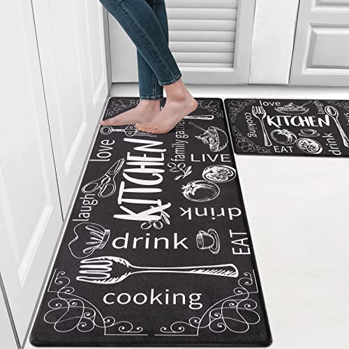 HEBE Anti Fatigue Kitchen Mat Set of 2 Non Slip Thick Cushioned Kitchen Rug Sets with Runner 17"x48"+17"x28" Heavy Duty Comfort Standing Mats Waterproof Kitchen Carpet