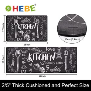 HEBE Anti Fatigue Kitchen Mat Set of 2 Non Slip Thick Cushioned Kitchen Rug Sets with Runner 17"x48"+17"x28" Heavy Duty Comfort Standing Mats Waterproof Kitchen Carpet