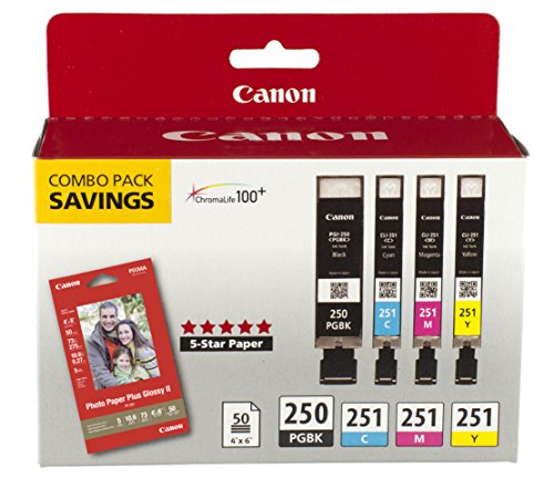 Canon PGI-250BK/CLI-251CMY Black/Color Ink Cartridges & PP-201 Paper Combo Pack and CLI-251 Gray Ink Tank (6517B001)