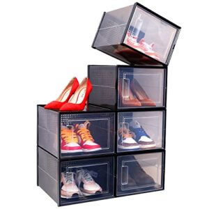 ohuhu shoe storage box clear organizer xl large size stackable plastic shoes containers - sneaker closet drawer type front opening - 6 pack boot bins display case cubby holders fit up to us men 14