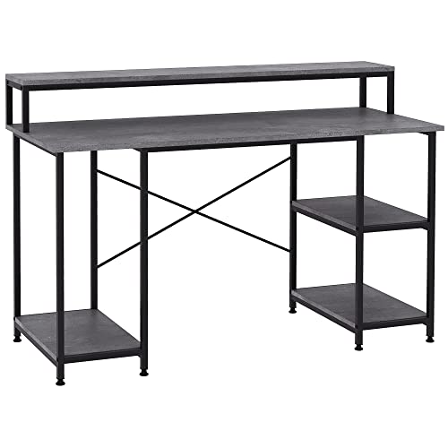 HOMCOM 55 Inch Home Office Computer Desk Study Writing Workstation with Storage Shelves, Elevated Monitor Shelf, CPU Stand, Durable X-Shaped Construction, Grey Wood Grain