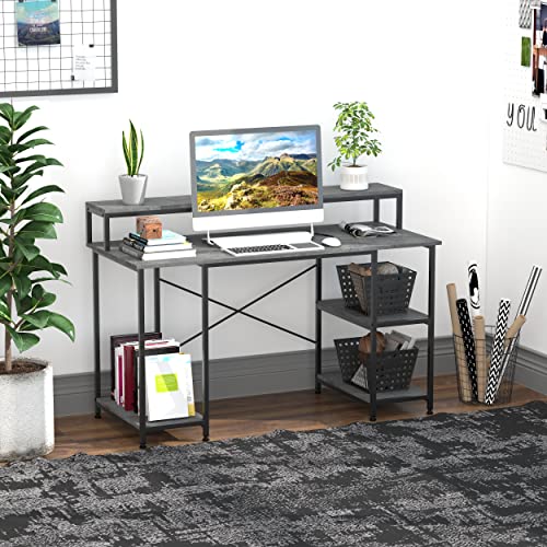 HOMCOM 55 Inch Home Office Computer Desk Study Writing Workstation with Storage Shelves, Elevated Monitor Shelf, CPU Stand, Durable X-Shaped Construction, Grey Wood Grain