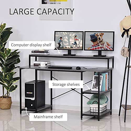 HOMCOM 55 Inch Home Office Computer Desk Study Writing Workstation with Storage Shelves, Elevated Monitor Shelf, CPU Stand, Durable X-Shaped Construction, Grey Wood Grain