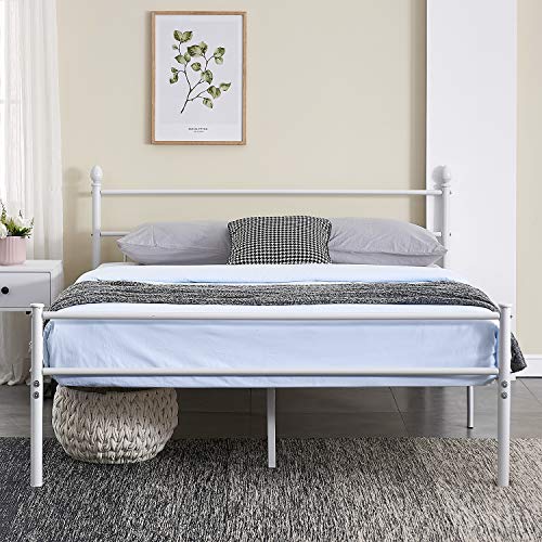 VECELO Metal Bed Frame Platform Mattress Foundation/Box Spring Replacement with Headboard & Footboard, Queen, White