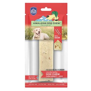 himalayan dog chew yak cheese dog chews, 100% natural, long lasting, gluten free, healthy & safe dog treats, lactose & grain free, protein rich, large dogs 55 lbs & smaller, real bacon bits, 3.3 oz