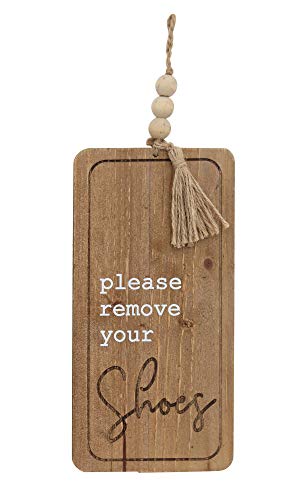 Parisloft Please Remove Your Shoes Wood Wall Plaque with Wooden Bead String Hanger,Cute and Rustic Country Style Home Accessory Gift Sign for Hallway, Entrance or Foyer