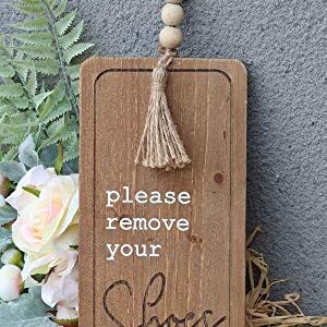 Parisloft Please Remove Your Shoes Wood Wall Plaque with Wooden Bead String Hanger,Cute and Rustic Country Style Home Accessory Gift Sign for Hallway, Entrance or Foyer