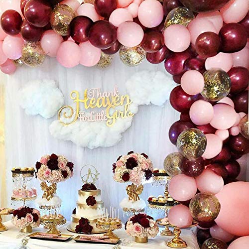 126pcs Burgundy Maroon Pink and Gold Balloons, Balloon Garland Arch Kit, Baby Shower Decorations for Girl, Birthday Wedding Bridal Engagement Anniversary Baptism Party Decorations