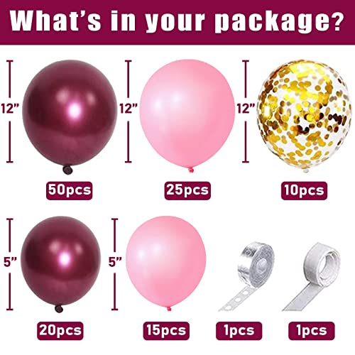 126pcs Burgundy Maroon Pink and Gold Balloons, Balloon Garland Arch Kit, Baby Shower Decorations for Girl, Birthday Wedding Bridal Engagement Anniversary Baptism Party Decorations