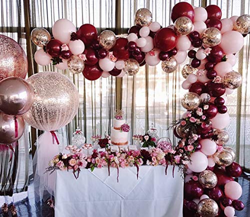 126pcs Burgundy Maroon Pink and Gold Balloons, Balloon Garland Arch Kit, Baby Shower Decorations for Girl, Birthday Wedding Bridal Engagement Anniversary Baptism Party Decorations