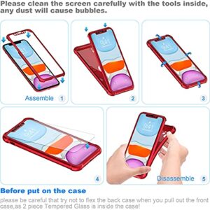 ORETECH Designed for iPhone 11 Case, with[2 x Tempered Glass Screen Protector] 360° Full Body Heavy Duty Shockproof Protection Cover Hard PC Soft Rubber Silicone for iPhone 11 (2019) - 6.1''- Red